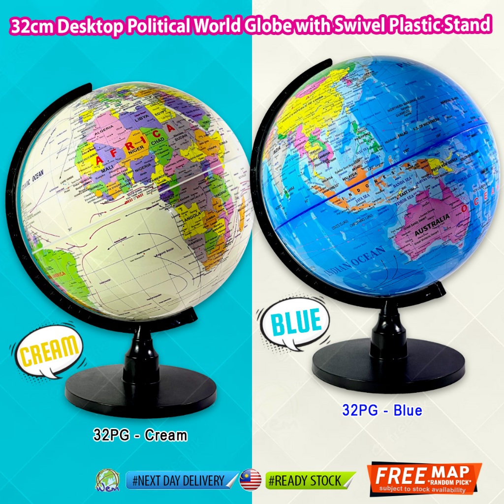 🌍 32cm Desktop PVC World Globe Swivel Stand Plastic 🌍Globe Bola Dunia ...