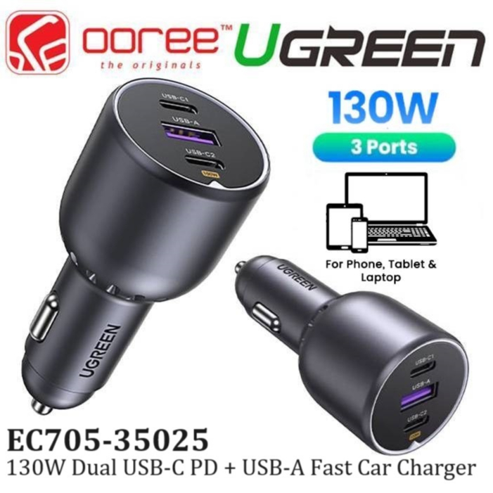 UGREEN EC705 FAST CAR CHARER 130W DUAL USB-C PD + USB-A 130W/ PD 3.0+QC 4.0/ SUPPORT SAMSUNG 45W ...