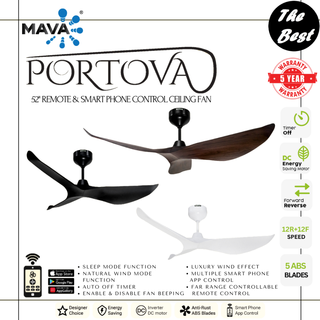 MAVA | PORTOVA 52 Inches DC Motor 3 ABS Blade 12 R/F Speed Remote ...