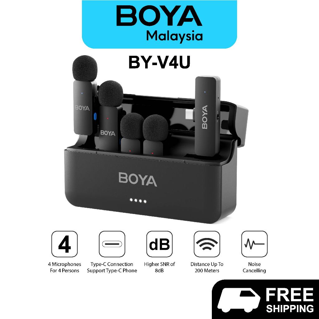 BOYA BY-V4U / V4D / V4 4-Channel Lavalier Lapel Wireless Microphone. Noise Cancellation for Type ...