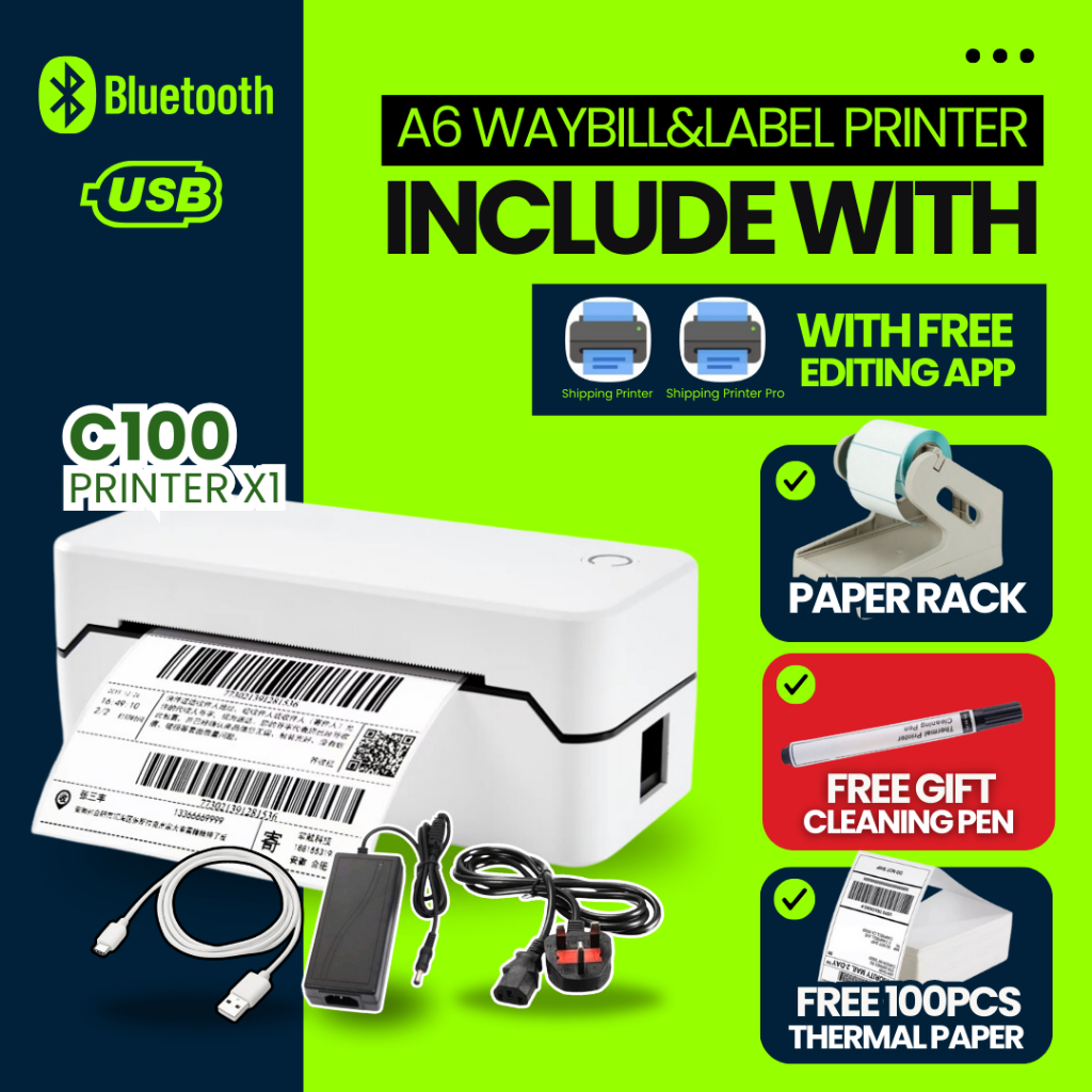 C100 - Waybill Label A6 Thermal Printer Bluetooth Shipping Waybil Awb ...