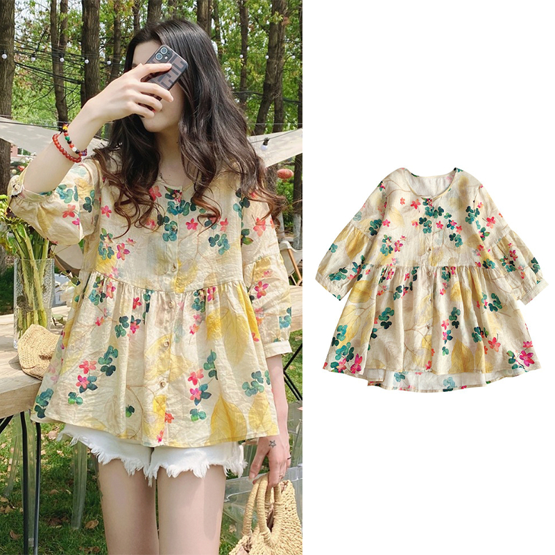 Women Long Sleeve Loose Plus Size Blouse Fashion Shirts Korean Style Bubble sleeves flower ...