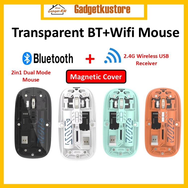 2in1 Transparent Mouse Bluetooth+Wifi 2.4 Wireless USB with RGB DPI ...
