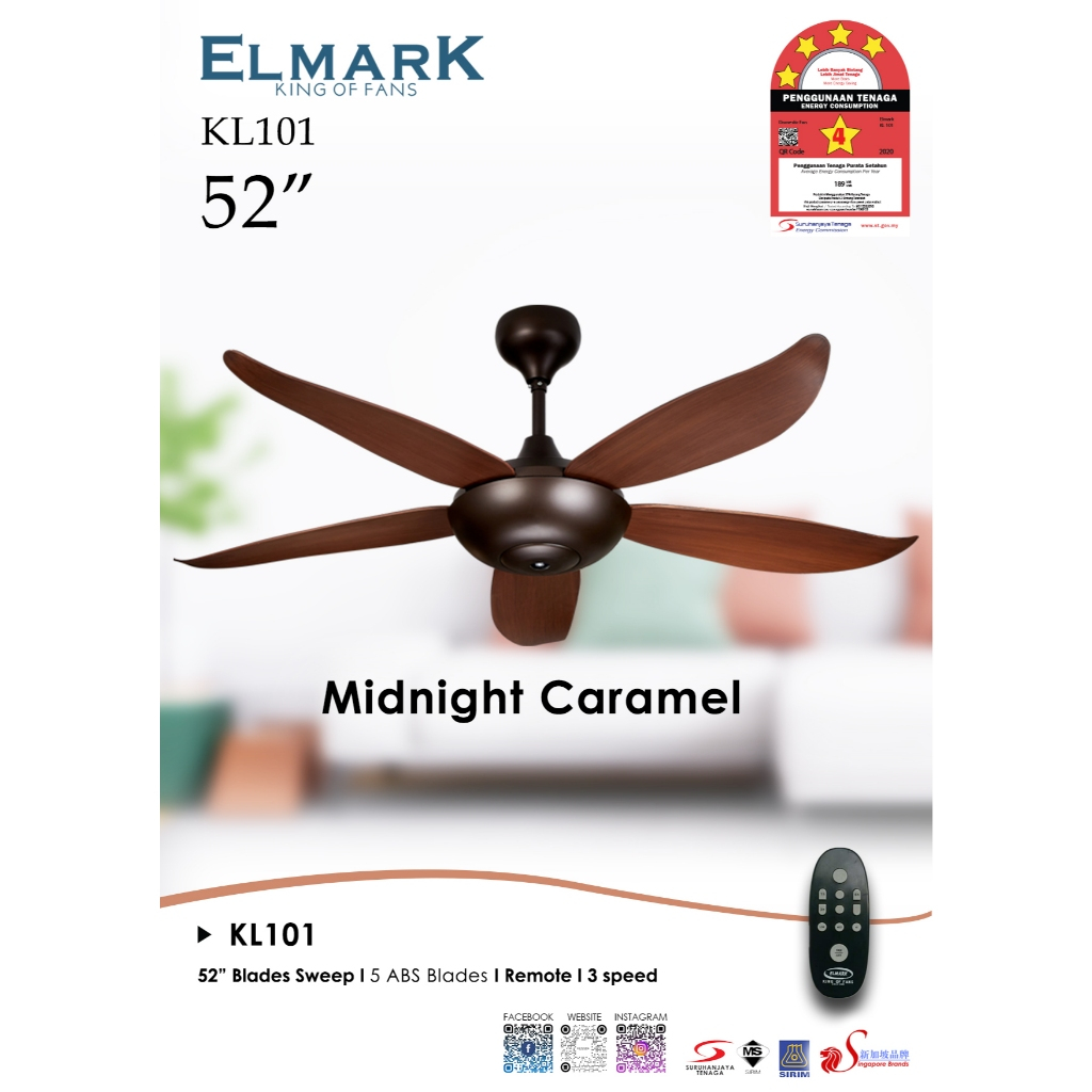 Elmark Ceiling Fan 52" KL101 (Midnight Caramel) | Shopee Malaysia
