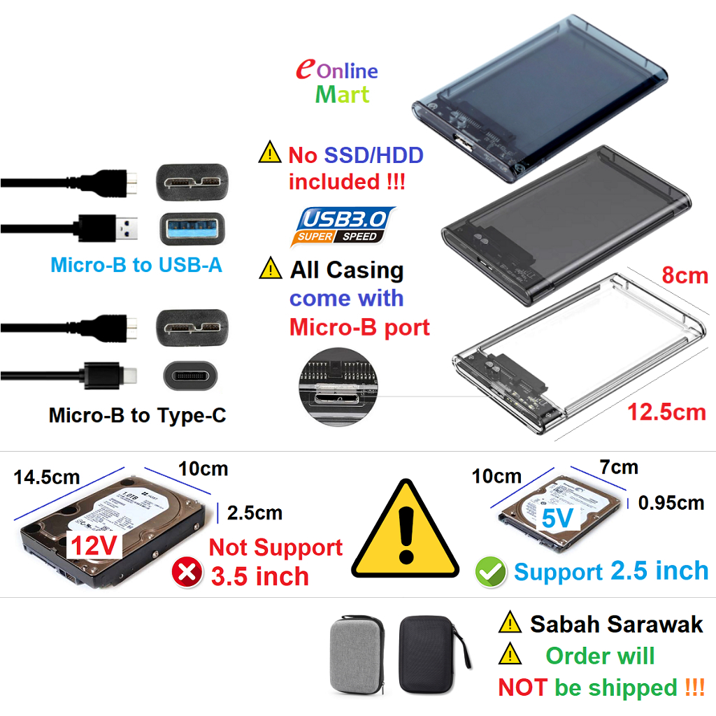 USB 3.0 2.5 inch SATA External Hard Disk Casing Tool-Free Transparent ...