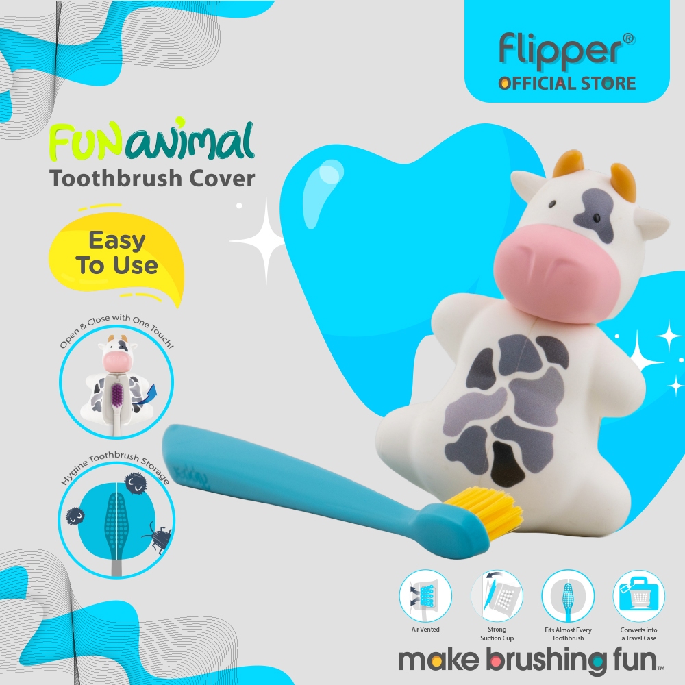 Flipper FUN ANIMAL COW Kids Toothbrush and Toothbrush Holder Easily ...