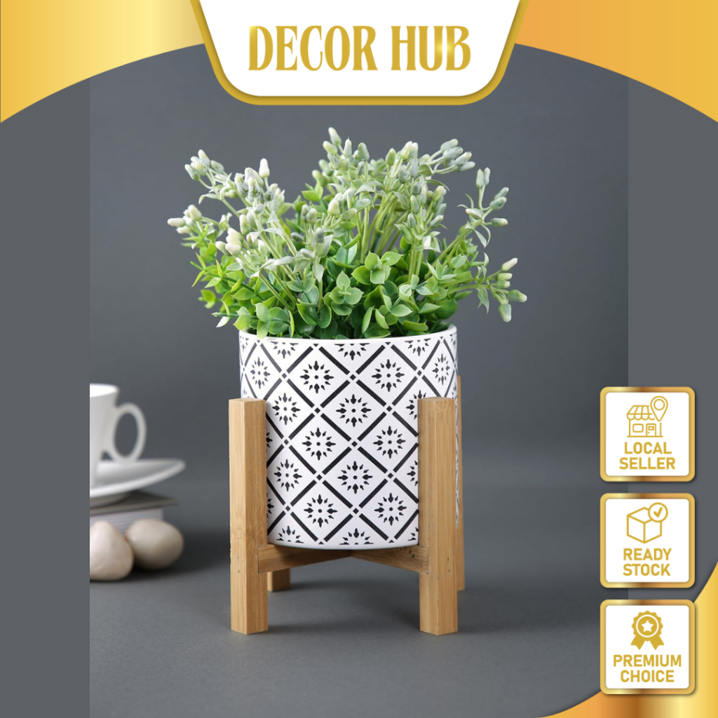 [Ready Stock] Decor Hub Ceramic Vase Stand Flower Pot Rack Plant Pot With Wooden Stand J231-Y20 ...