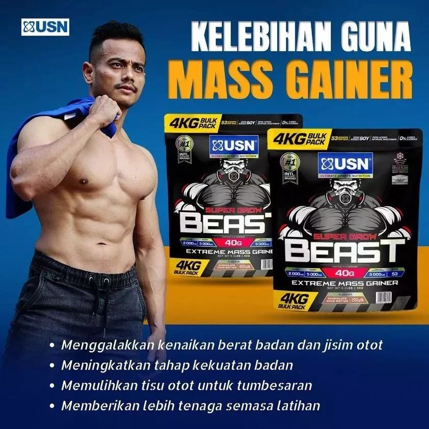 USN Super Grow Beast 4kg Extreme Mass Gainer Protein Weight Halal Mass ...