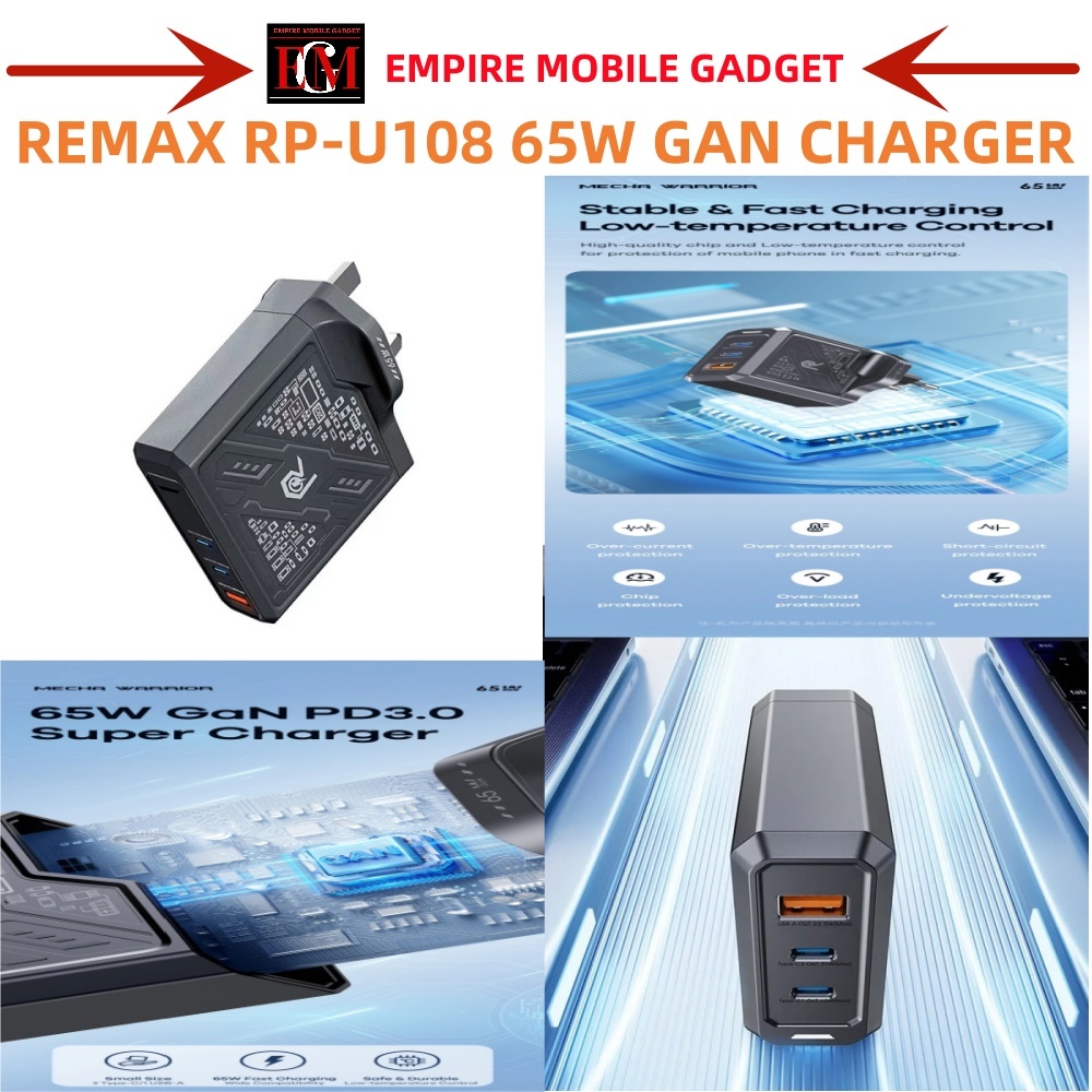 REMAX MECHA WARRIOR RP-U108 GAN 65W FAST CHARGER UK PLUG (2C+1A) / RP ...