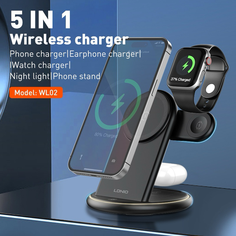 LDNIO WL02 5 in 1 25.5W Wireless Fast Charging Charger / 15W Wireless Charging / Night Light ...