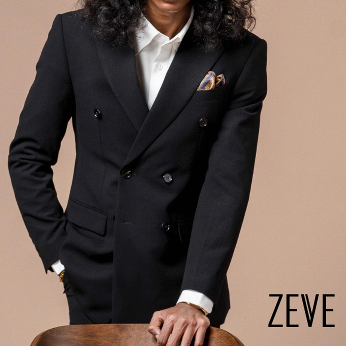Zeve Double Breasted Suit Blazer - Seersucker Black Plain (Peak Lapel ...