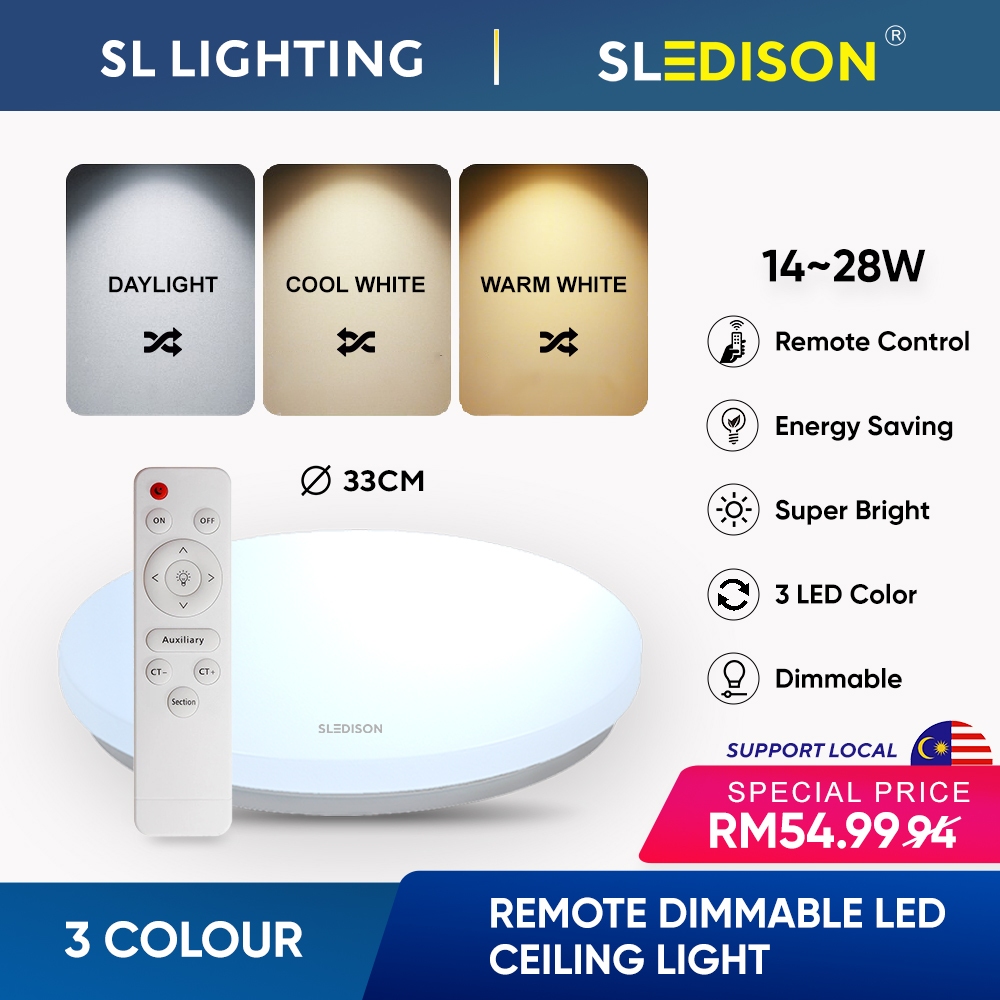 【3 Color Remote Dimmable】SL EDISON LED Ceiling Light 33cm Surface ...