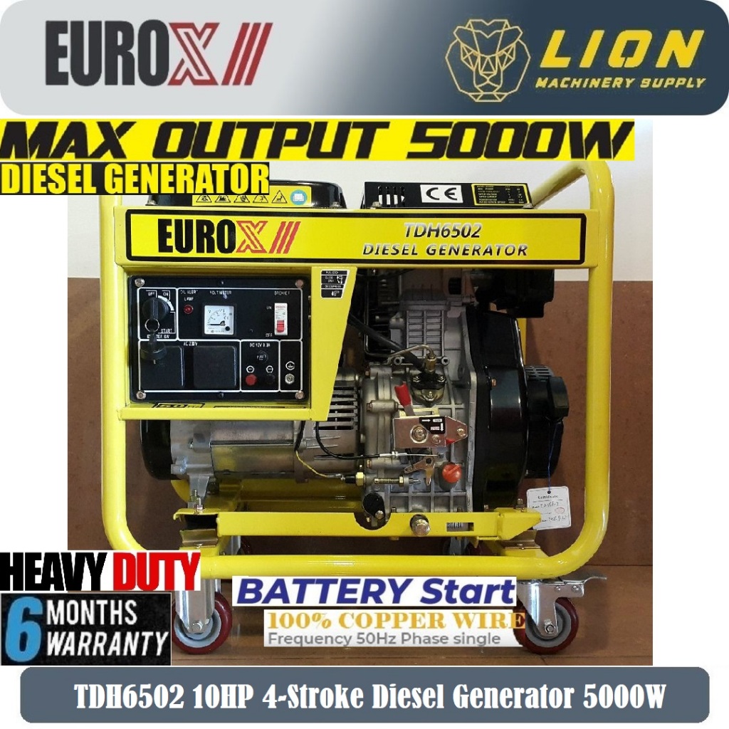 EuroX TDH6502 10HP 4-Stroke Diesel Generator 5000W 3600RPM - Heavy Duty & Battery Start - 6 ...