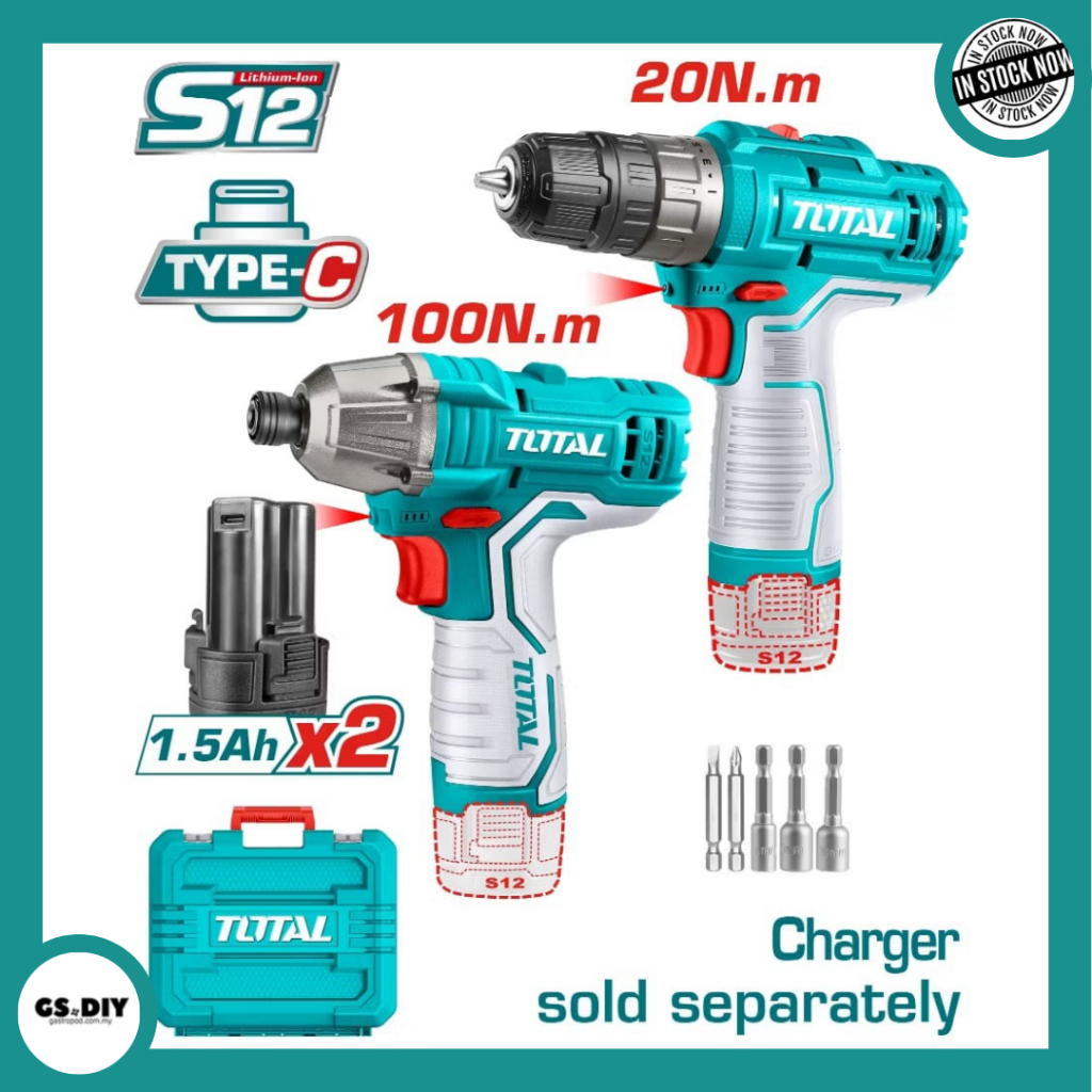 TOTAL Cordless Combo Impact Driver & Drill (12V) + Battery (2 Pcs) + Case P20S TOSLI240586 ...