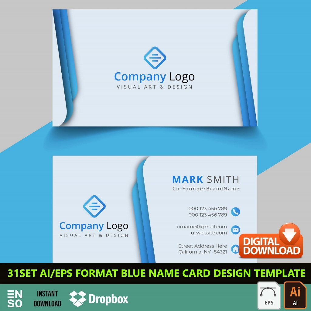 31-Set Ai/EPS Blue Name Card Template Design Files | Editable Adobe ...