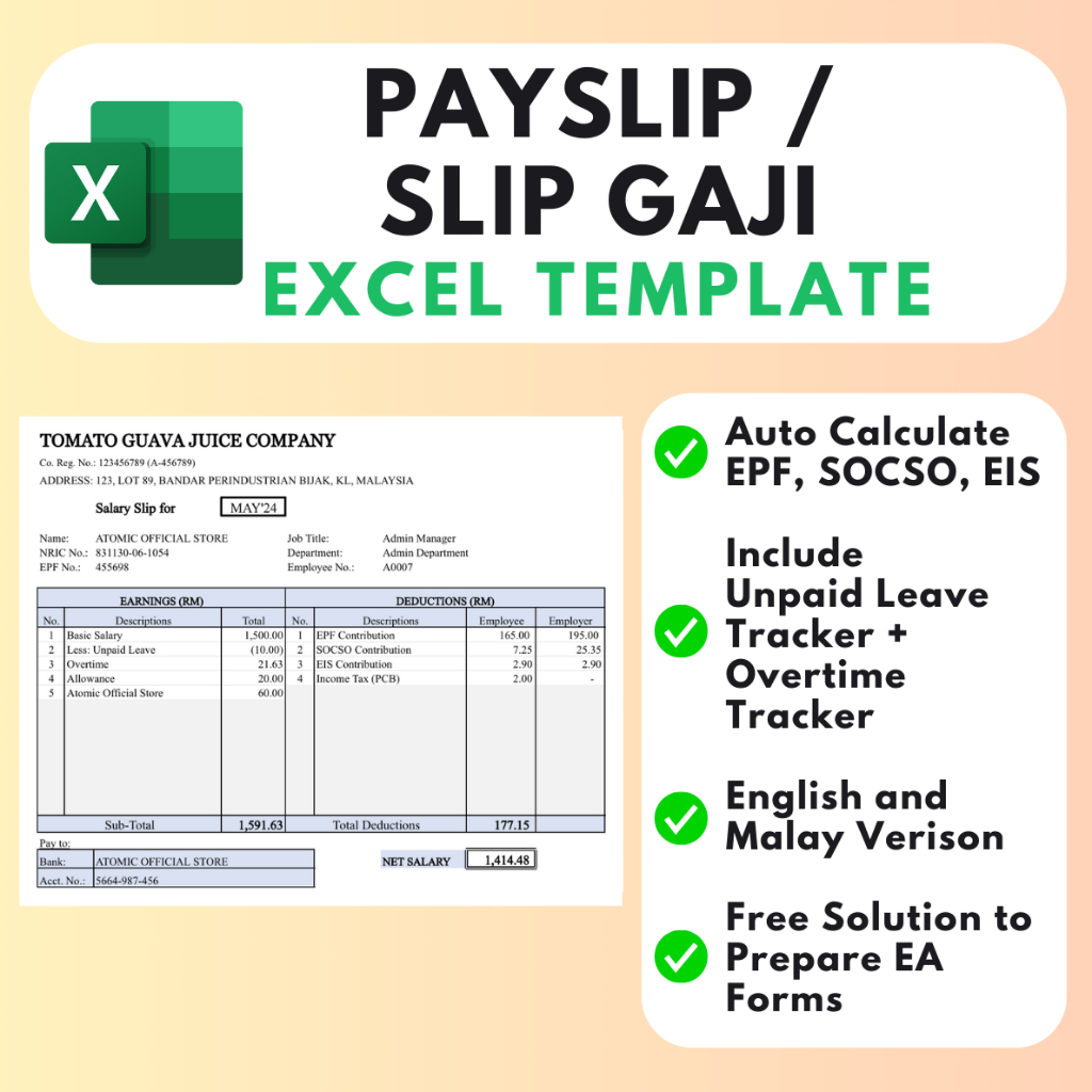 🔥INSTANT🔥 Payslip Template + Overtime + Unpaid Leave Tracker Excel Template Auto Calculation EPF ...