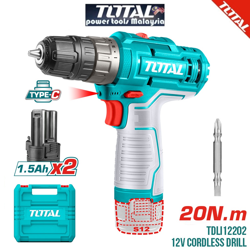 TOTAL Li-ion Cordless Drill (12V/20Nm/10mm) 2 Speed Gear + 1.5Ah ...