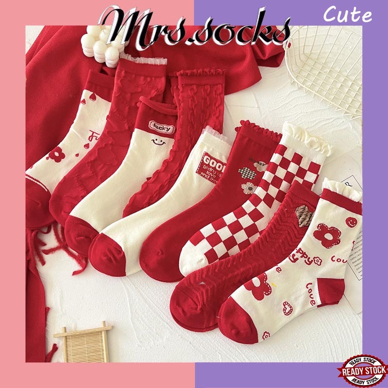 Mrs.socks Red Pattern Corak Ins Sock Long Socks Women Stokin Panjang ...