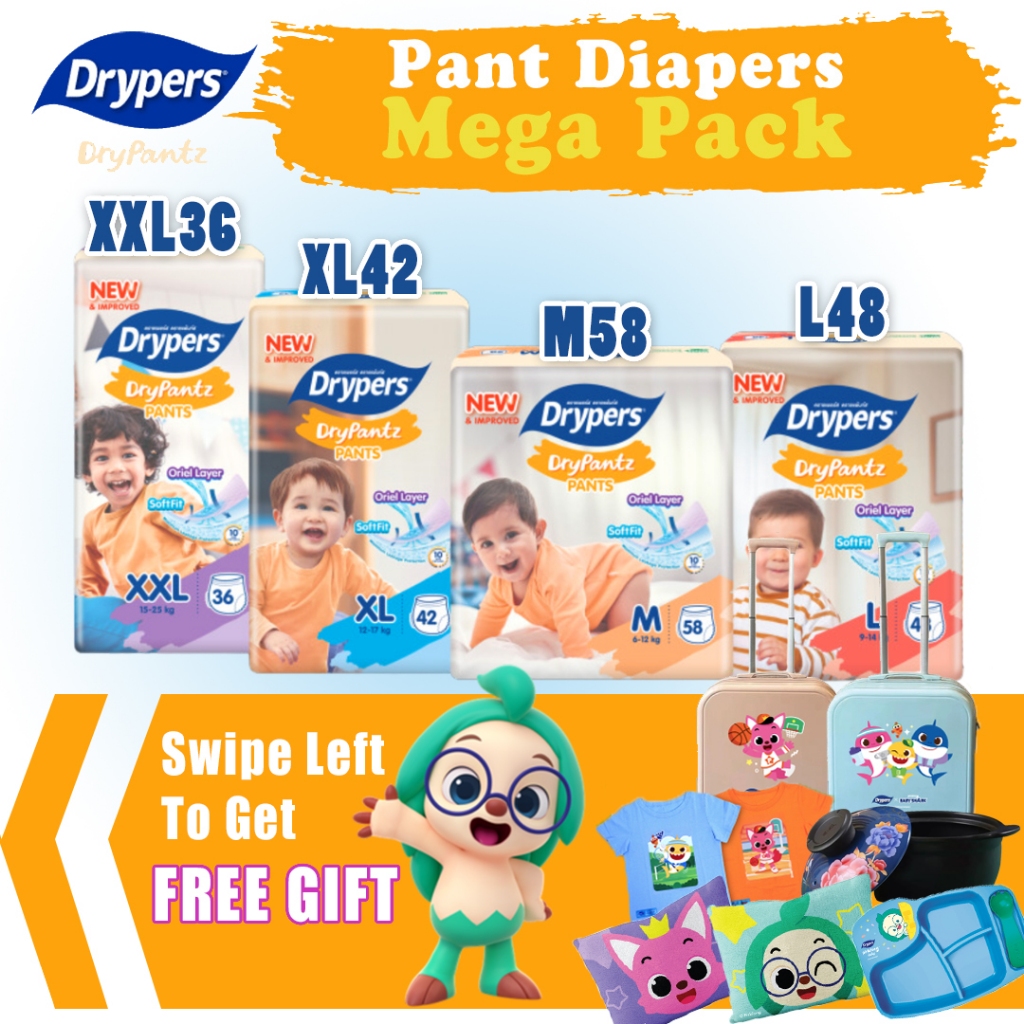 [𝗘𝘅𝘁𝗿𝗮 𝗙𝗿𝗲𝗲 𝗚𝗶𝗳𝘁] Drypers Drypantz Pant Diapers Mega Pack M58, L48 ...