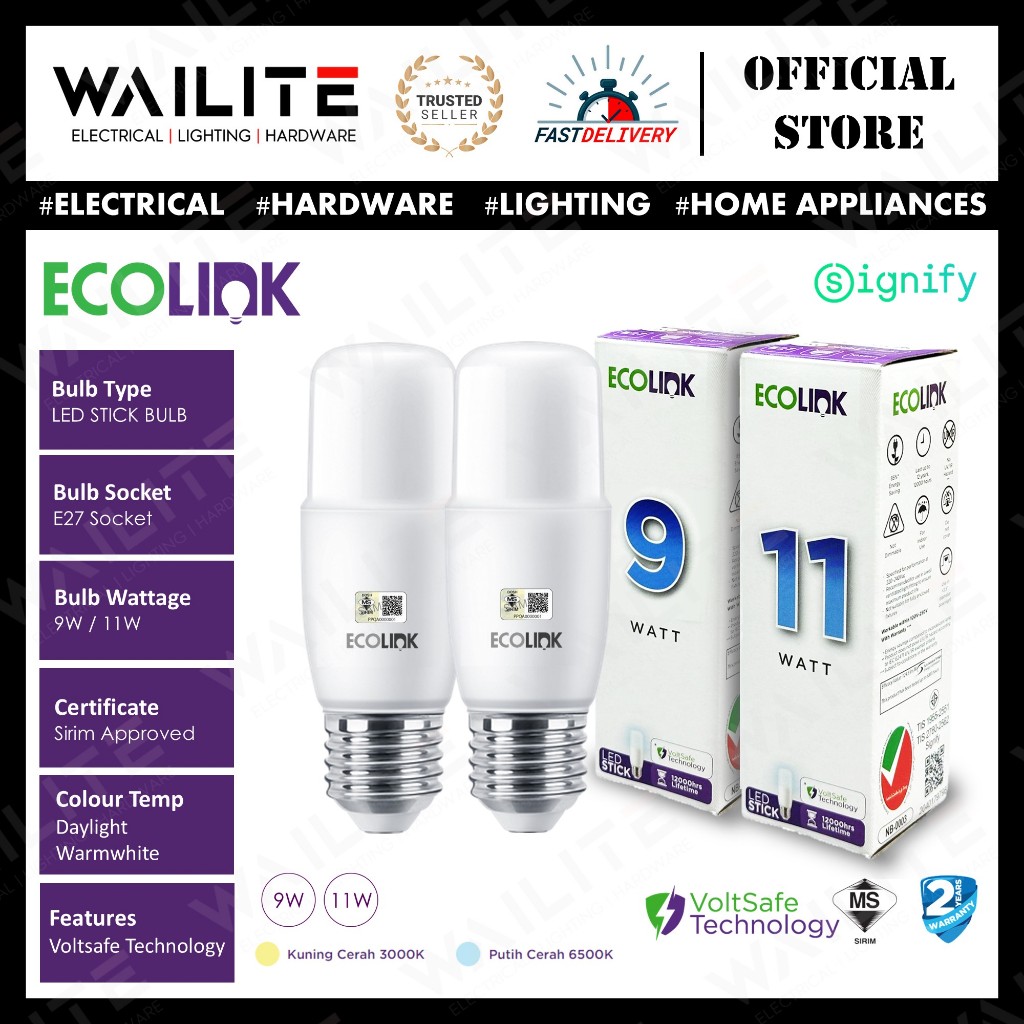 [ 𝐒𝐈𝐆𝐍𝐈𝐅𝐘 ] ECOLINK E27 LED STICK BULB # 9W / 11W # ( DAYLIGHT 6500K ...
