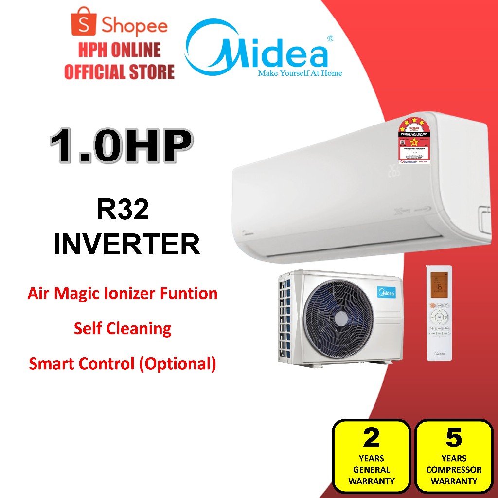 Midea R32 Inverter (1.0hp | 1.5hp | 2.0hp | 2.5hp) Air Cond Air Conditioner 冷气机 MSXS-10CRDN8 ...