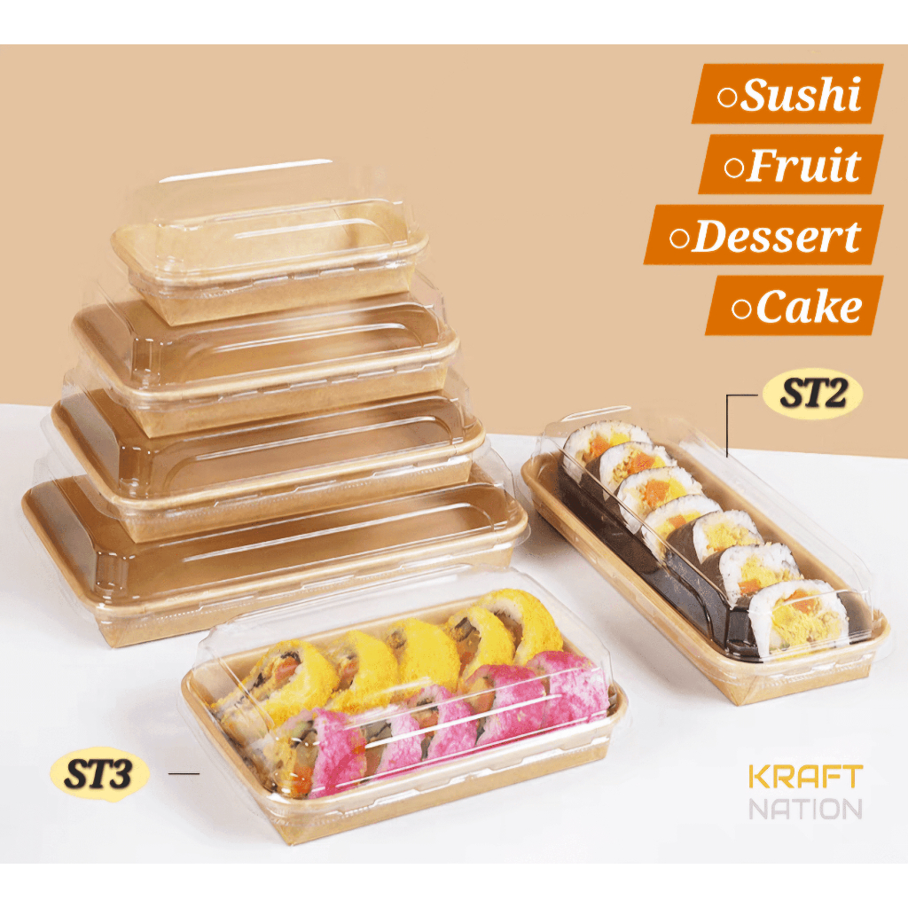 [Bundle] 50 pcs Kraft Paper Rectangular Sushi Box/Sushi Tray with Clear ...