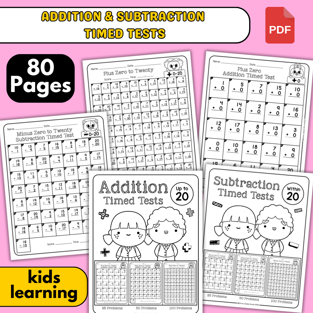 B040 ADDITION & SUBTRACTION TIMED TESTS KIDS LEARNING PRINTABLE PAGE ...