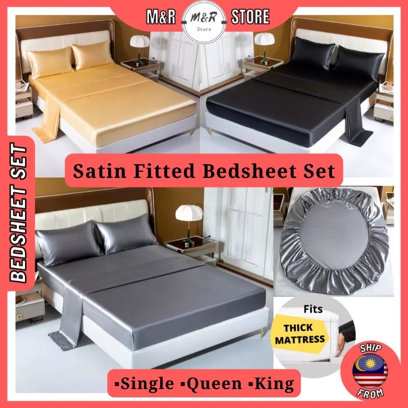 Satin Bedsheet Set Cadar Silk Pengantin Single Queen King Fitted Bed ...
