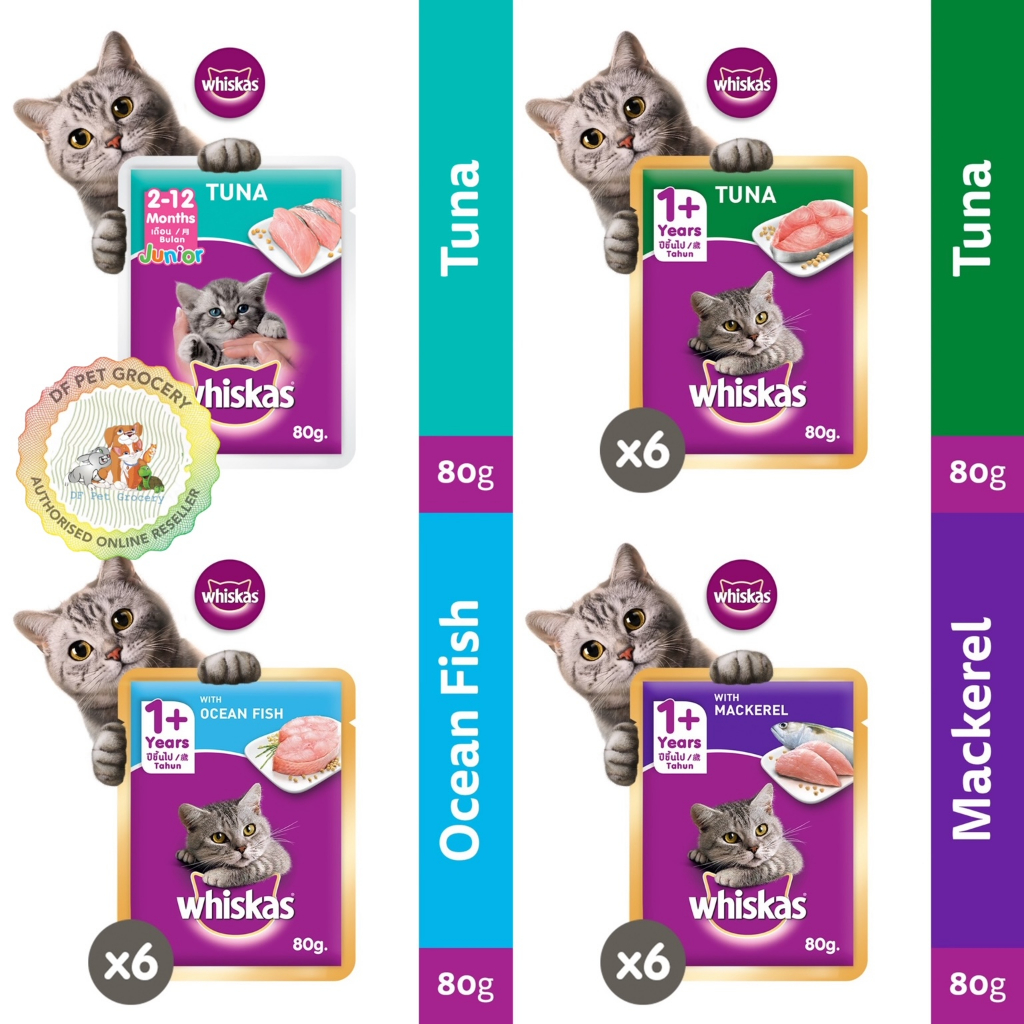 WHISKAS Cat Pouch 80g x 6 Pouch - Tuna Junior / Ocean Fish / Mackerel ...