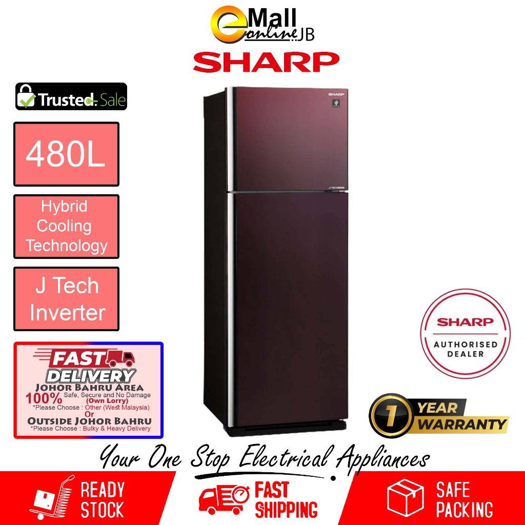 Sharp 2 Door Fridge Inverter Plasmacluster 480L (Glass Maroon) SJP598GK ...