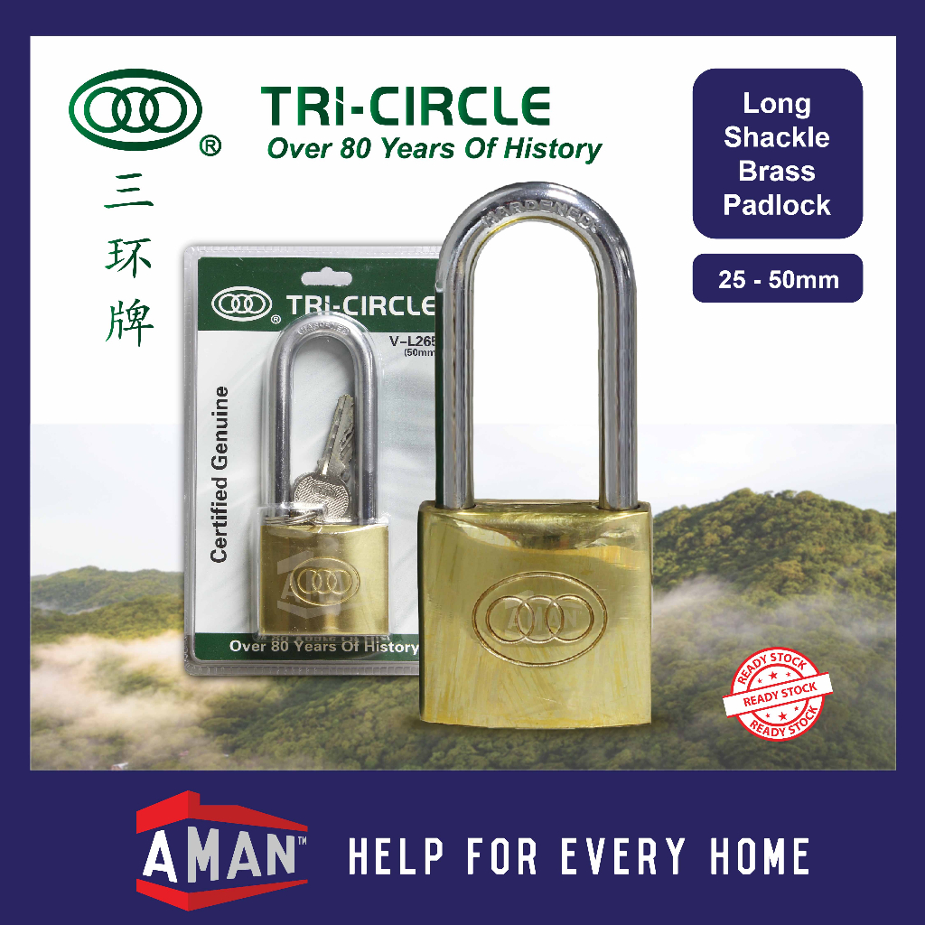 TRI-CIRCLE Brass Padlock Long Shackle Brass Lock Door Lock Pintu ...
