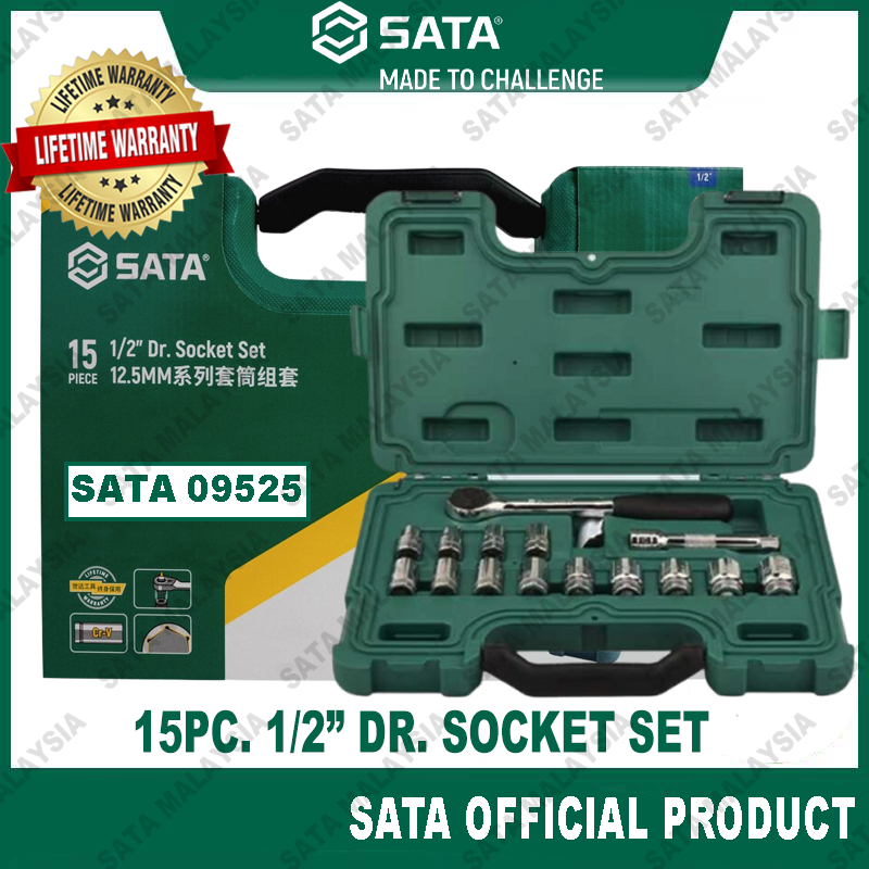SATA 15Pcs 1/2" Dr. Socket Set 09525 6Pt Socket 10-24MM/Quick Release ...