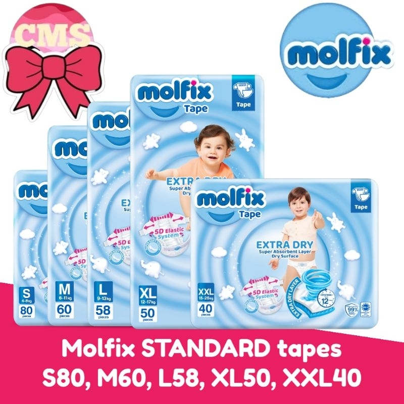 Molfix Extra Dry Tape Diaper Super Jumbo Pack (NB60/S80/M60/L58/XL50 ...