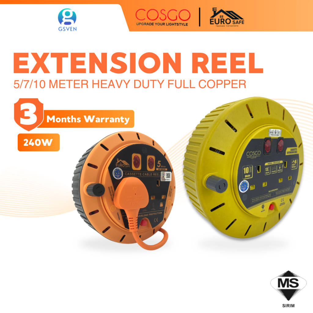 COSGO/EUROSAFE SIRIM 5M 7M 10M Copper Extension Box Cable Reel Portable Trailing Extention ...