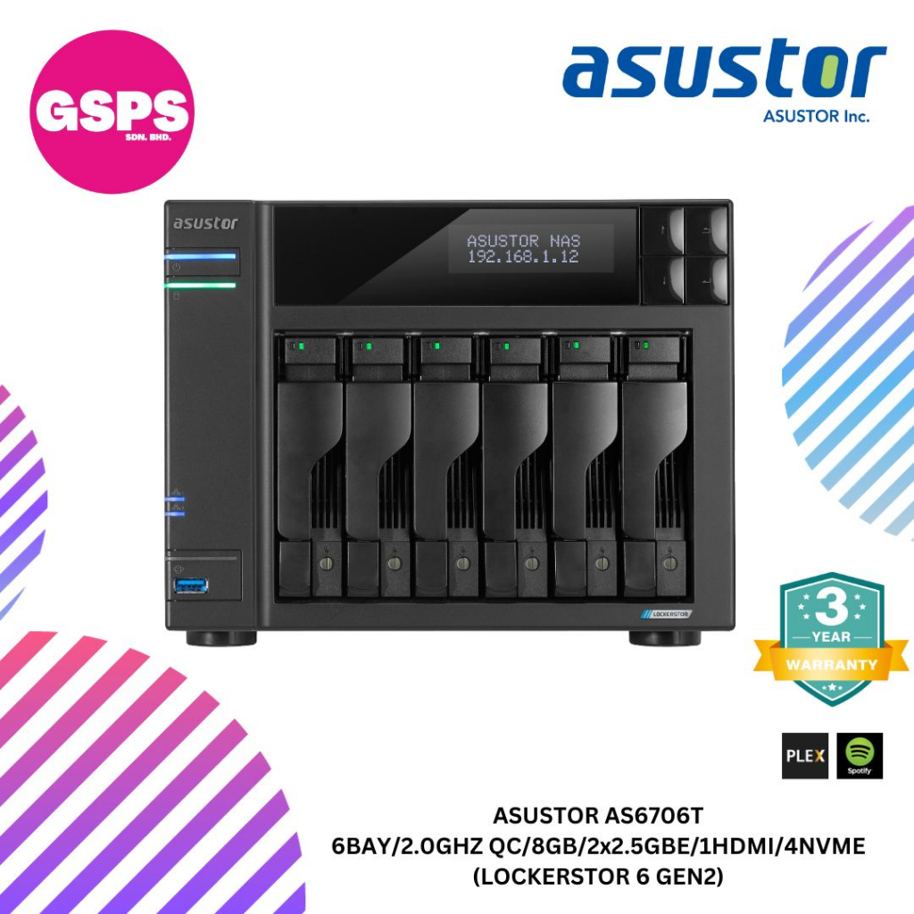 ASUSTOR AS6706T 6BAY/2.0GHZ QC/8GB/2x2.5GBE/1HDMI/4NVME (LOCKERSTOR 6 ...