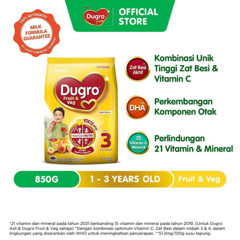 Dumex Dugro Step 3 Fruit & Veg Growing Up Milk Formula 1-3 years (850g ...