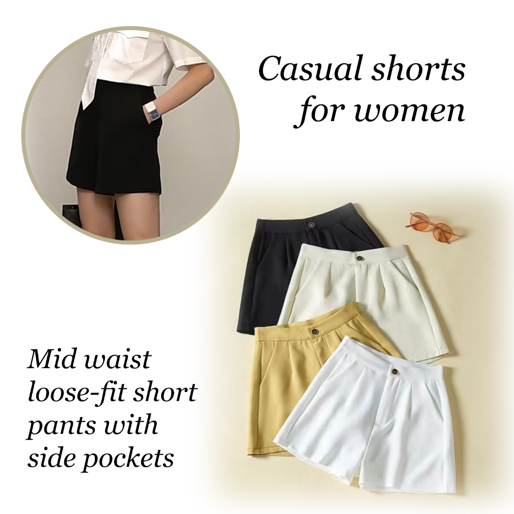 Women Short Pants Type A Wide Loose Fit Drapery Lady Smart Casual Mid ...