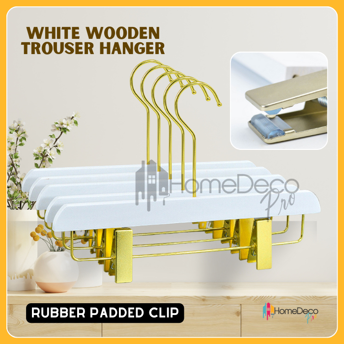 Solid Wood Trousers Bottom Hanger with 2-Adjustable Gold Clips White ...