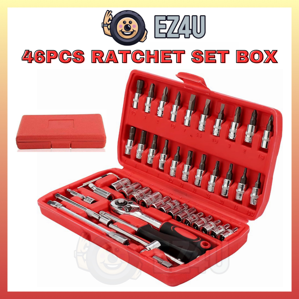 [EZ4U] 46pcs Chrome Vanadium Socket Heavy Duty Set Tool Box Set Ratchet ...