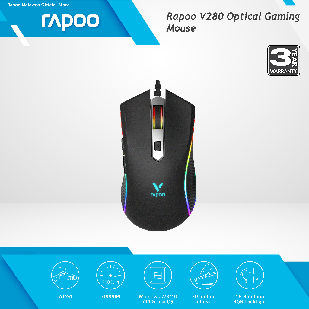 Rapoo V280 Wired Optical 7000 DPI Gaming Mouse - 3 Years Warranty ...