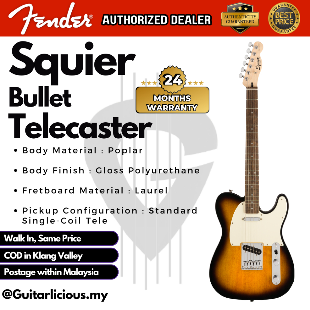 FENDER Squier Bullet Telecaster Electric Guitar, Laurel FB, Brown Sunburst single coil 6 tali ...