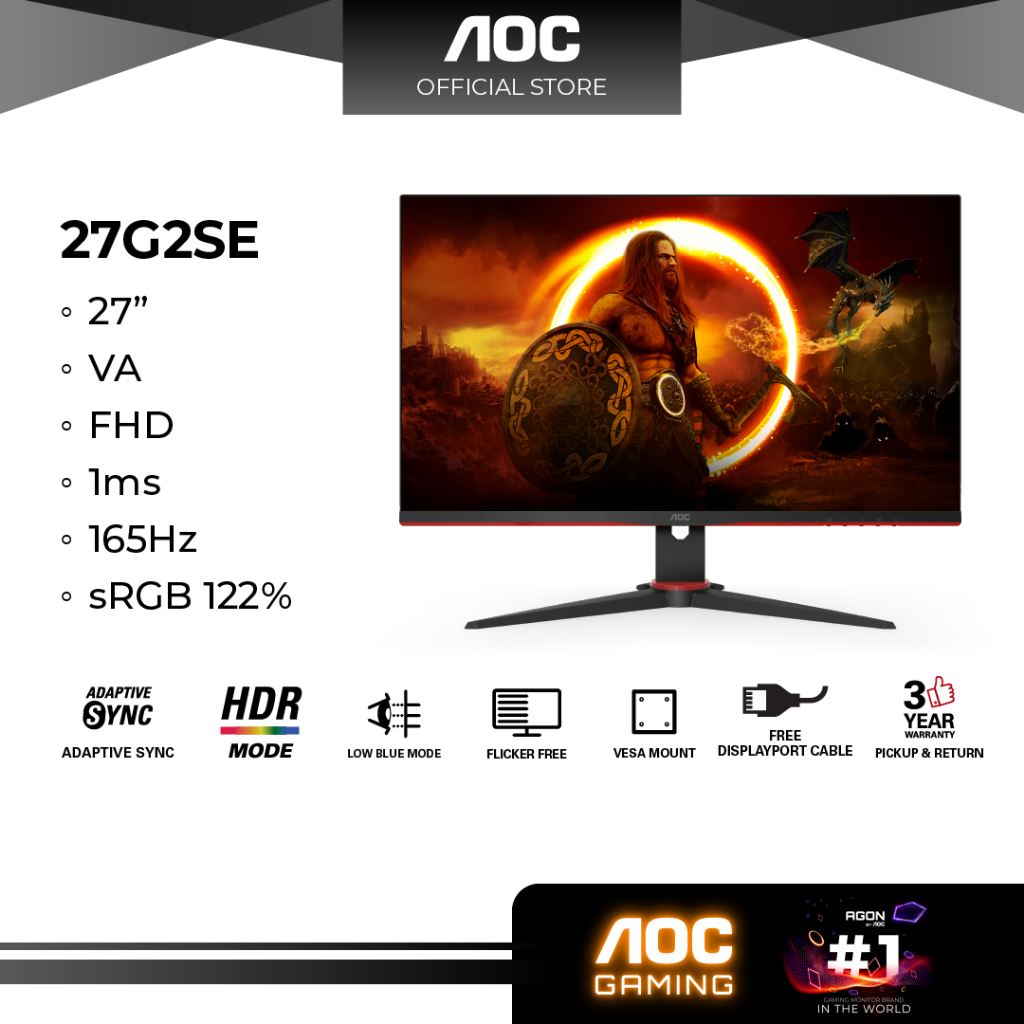 AOC 27G2SE 27" GAMING MONITOR ( 27" VA FHD / 1MS / 165HZ / ADAPTIVESYNC ...