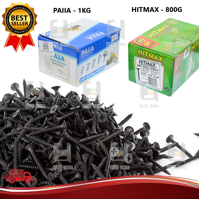(1 BOX) HITMAX/PAIIA/SOKA BLACK DRYWALL SCREW BLACK SCREWS SKRU HITAM ...