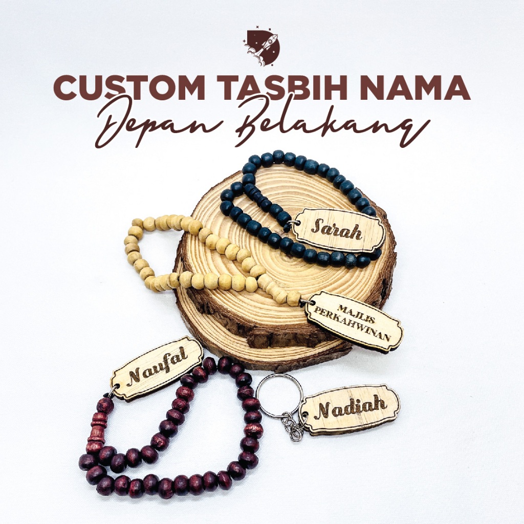 Custom Wooden Tasbih Keychain Nama Diukir Depan Belakang 33biji ...