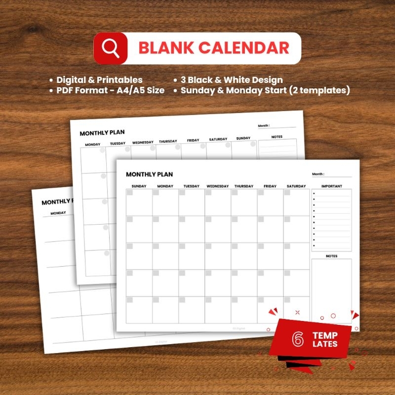 Blank Black & White Monthly Calendar Planner (Sunday and Monday Start ...
