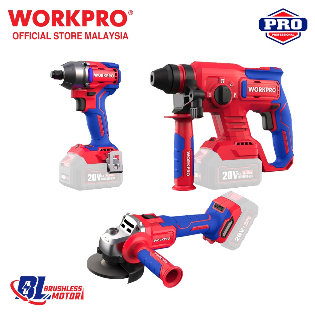 WORKPRO 20V MAX BRUSHLESS MEGA COMBO SET ROTARY HAMMER/ANGLE GRINDER/ IMPACT WRENCH RM999 ...