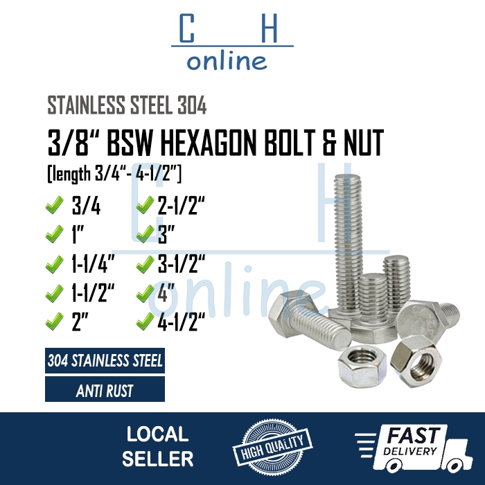 3/8 Inch [Length 3/4"-4-1/2"]BSW STAINLESS STEEL 304 HEXAGON BOLT & NUT ...
