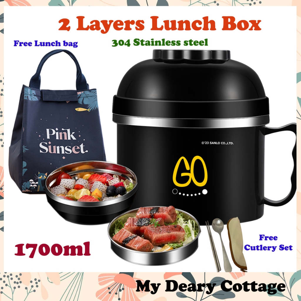 2 Layers 1700ml Black Portable Lunch Box Bento Box Cup Noodles Food ...