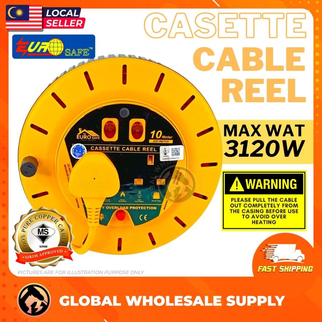 SIRIM 5 / 10 MTR CASSETTE CABLE REEL Portable Extension Trailing Socket ...