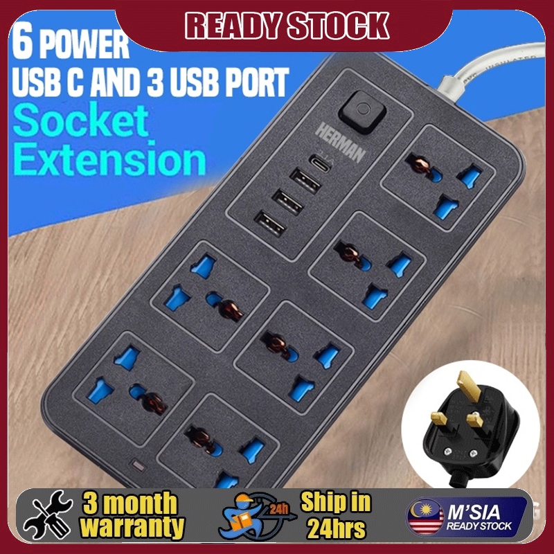 USB C + 3 USB Port 6 Universal Power Strip Extension Plug Power Socket ...